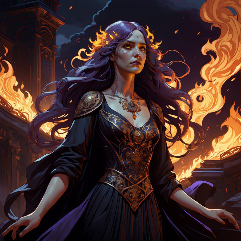 Dark Fantasy Goth Woman in Stormy Bonfire Scene - AI Art