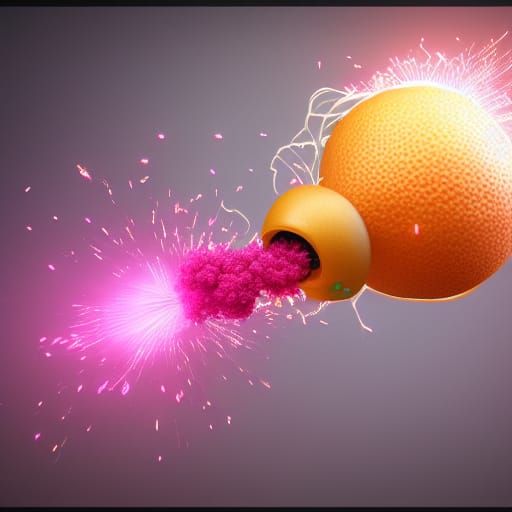 "a grapefruit hand grenade exploding into pink shrapnel, x-particle ...