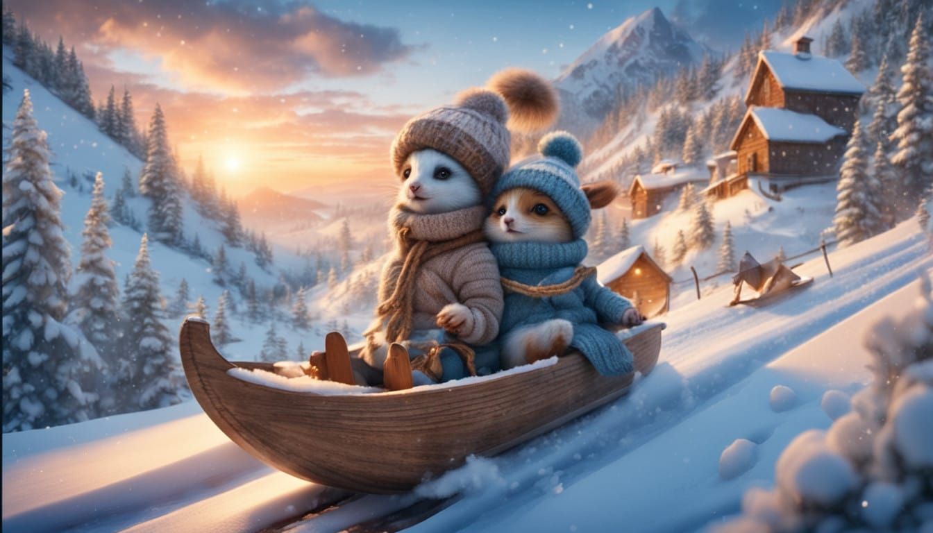 Cute Critters Toboggan Down Snowy Hill in Wooden B... - AI Art
