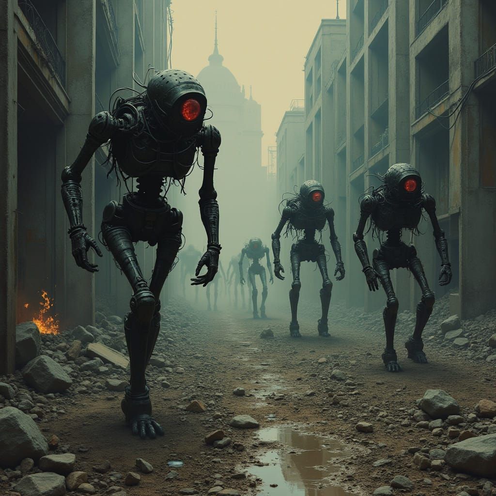 Famished scavenging androids, their metallic bodies twisted in ...