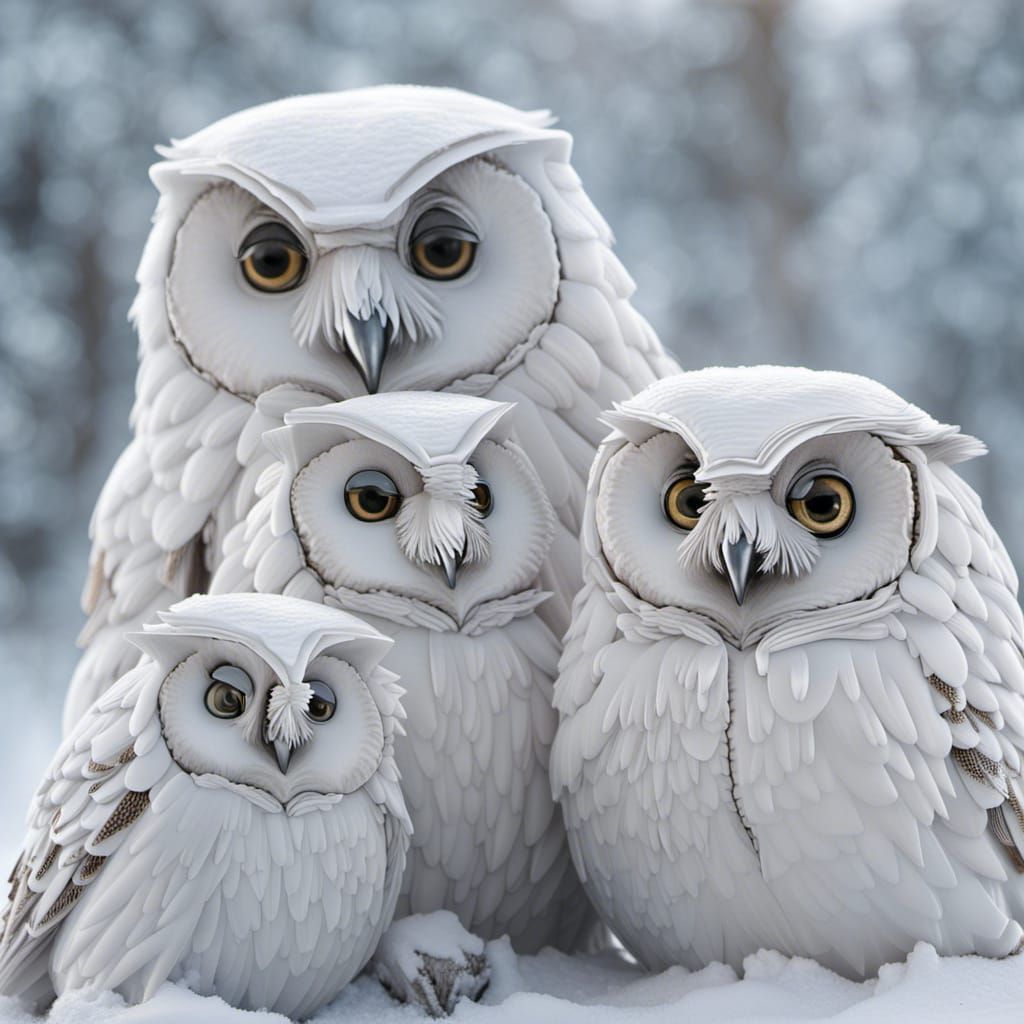 Owl family made of snow and ice, sharp focus, sharp details, award ...