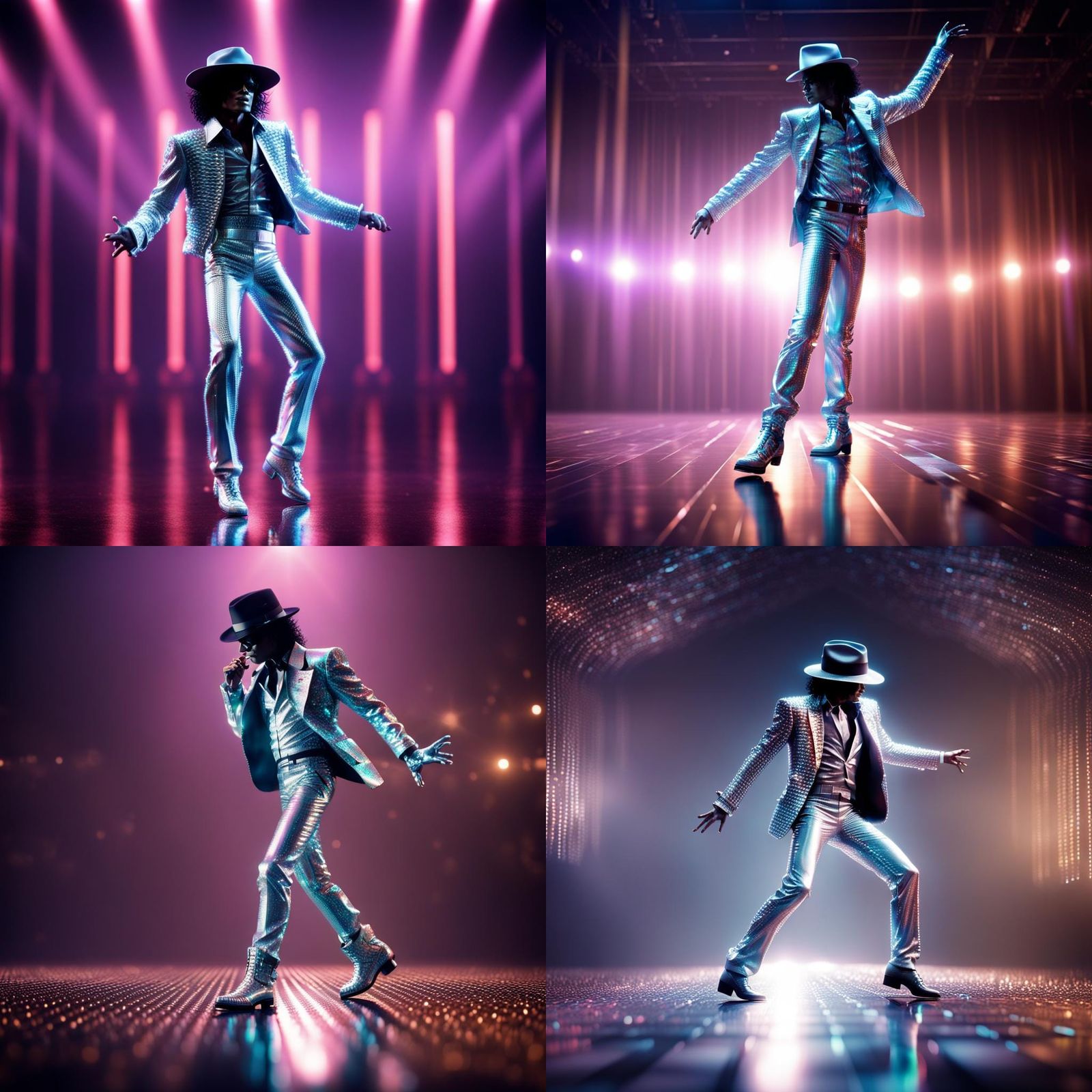 A holographic Michael Jackson in 3D dancing moonwalk, intricate details ...