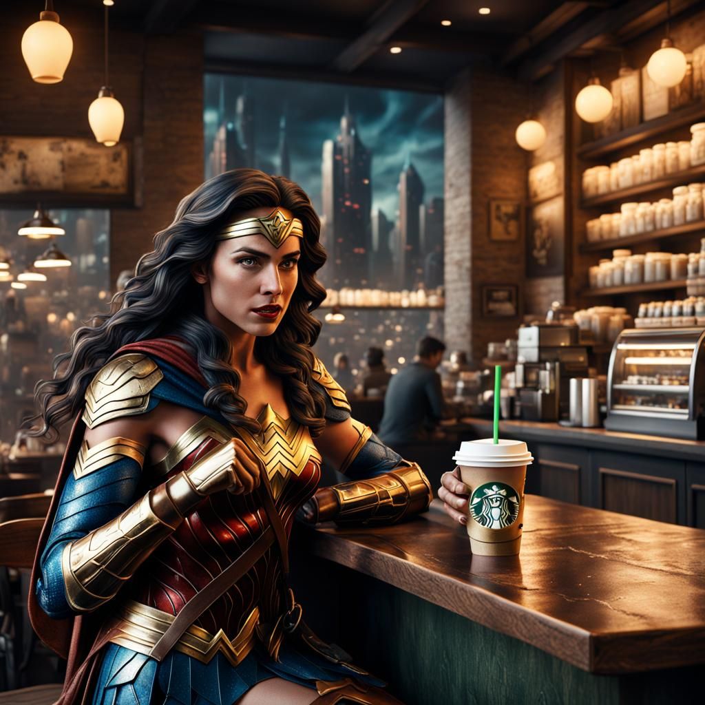 Wonder Woman having a Starbucks coffee. - AI Generated Artwork ...