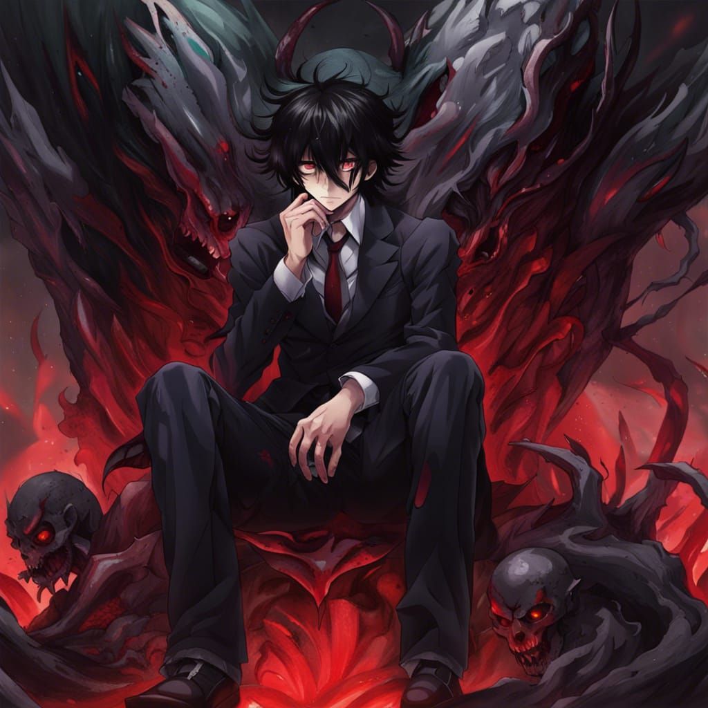 High resolution in void a man with Black haired red demon eyed bloody ...