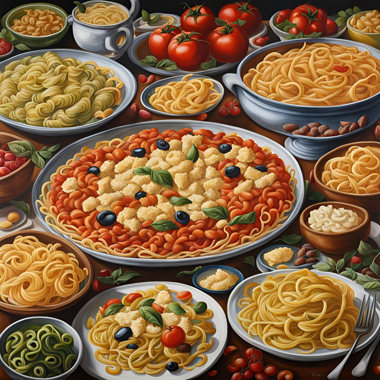 A giant Italian feast with multiple types of pastas beautiful detailed ...