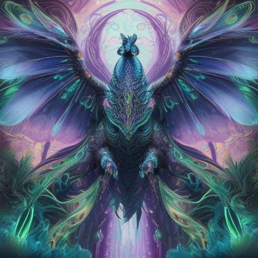 Masterpiece Ultimate cyber peacock dragon, iridescent feathers lit from ...