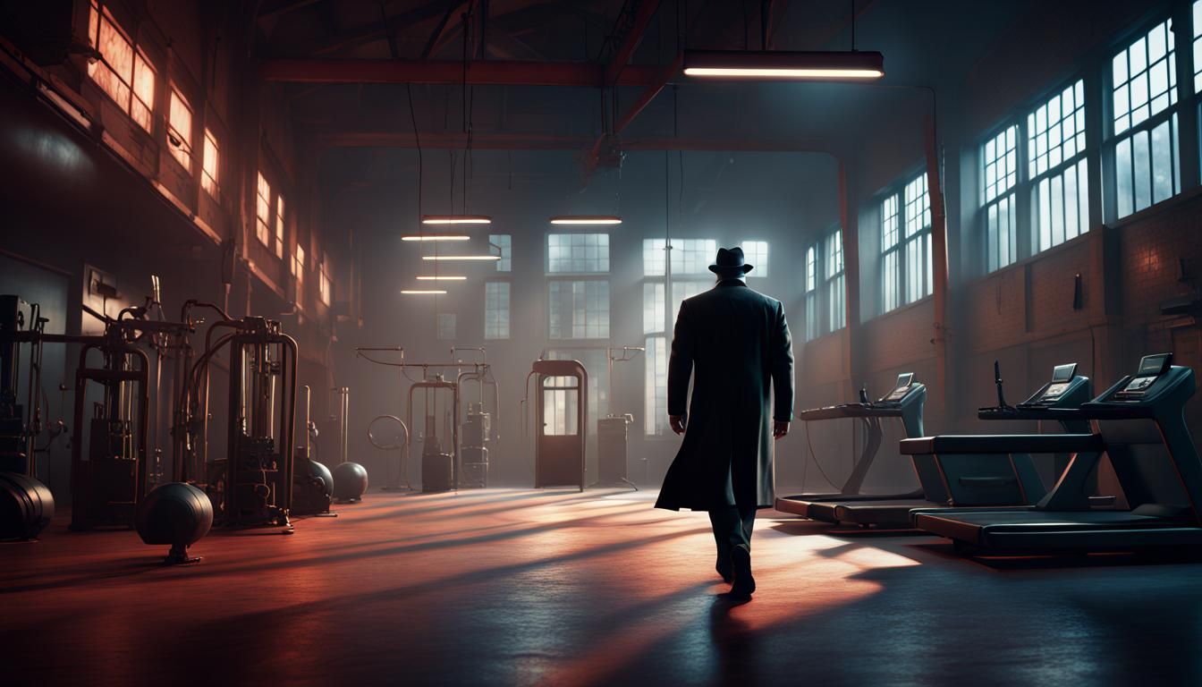 Classic Noir Detective walking through a dimly lit workout gym. - AI ...