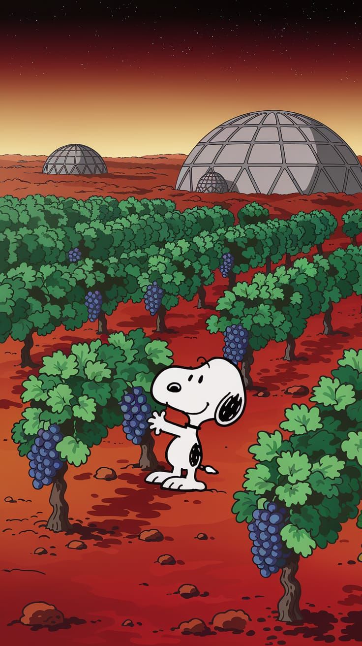 Snoopy tending to a vineyard on Mars, with Snoopy using his imagination to conjure up ...