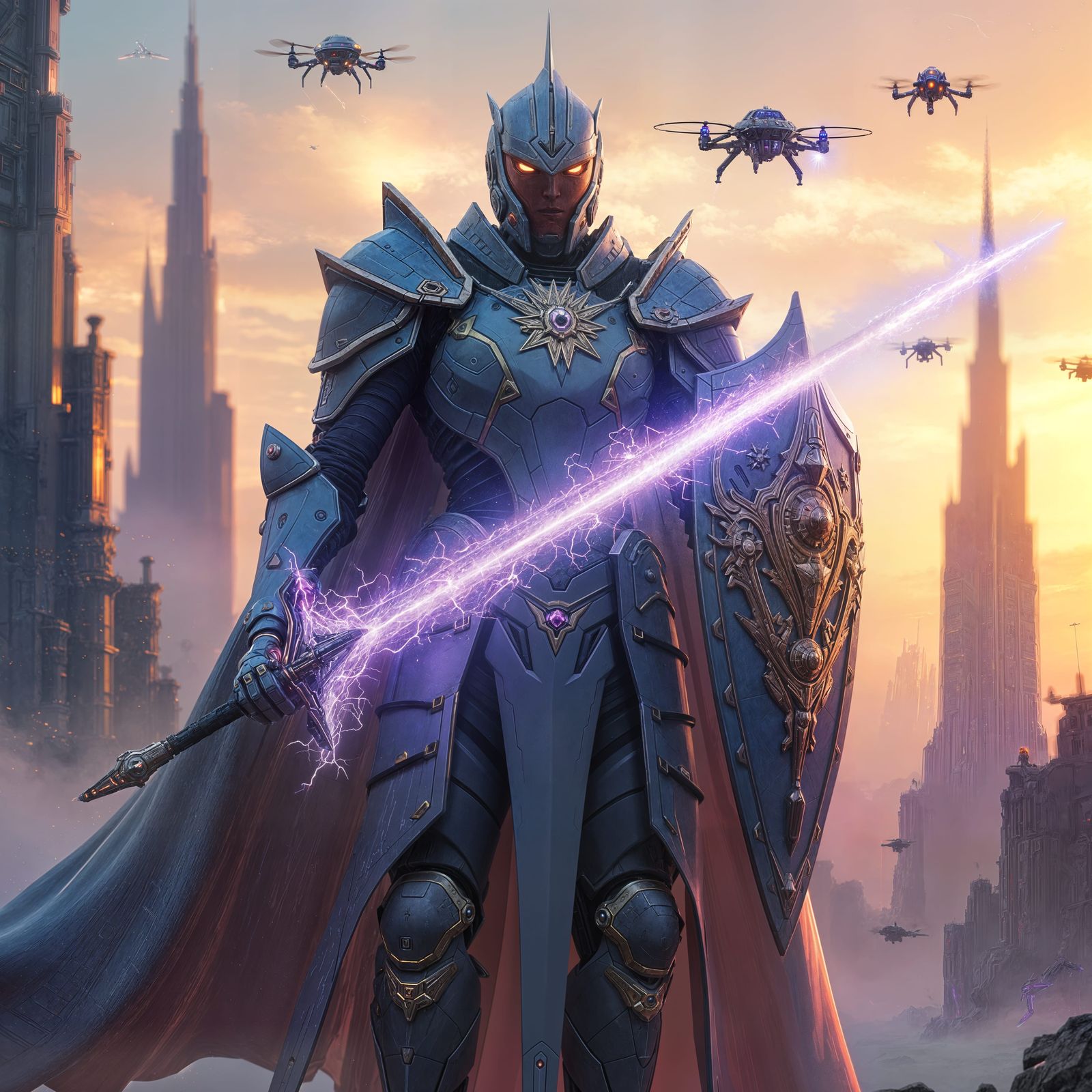 Cybernetic Knight Commander in Neon Armor, Plasma ... - AI Art