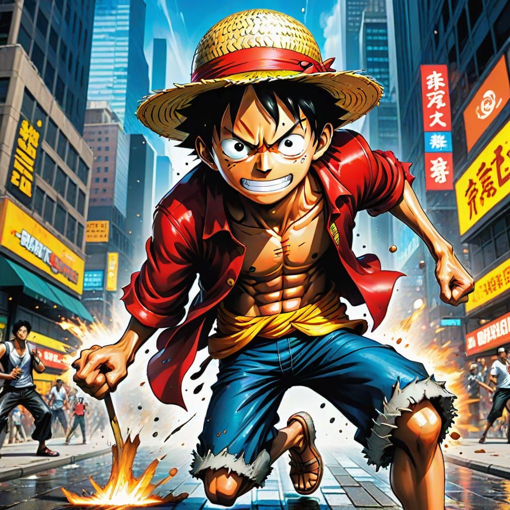Monkey D Luffy Battles Enemies in Downtown New Yor... - AI Art