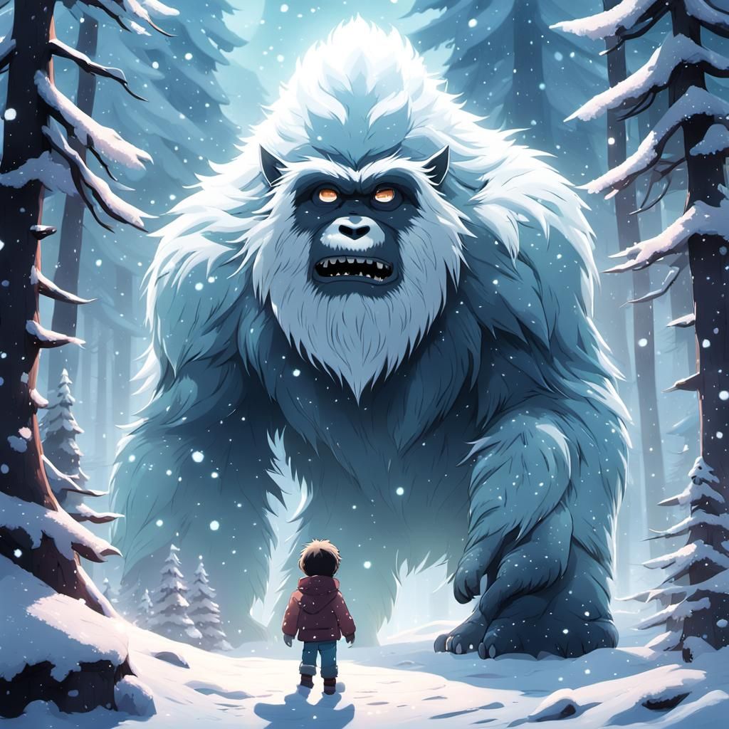 Yeti scaring a small child - Yeti's Eerie Encounter: A Snow...