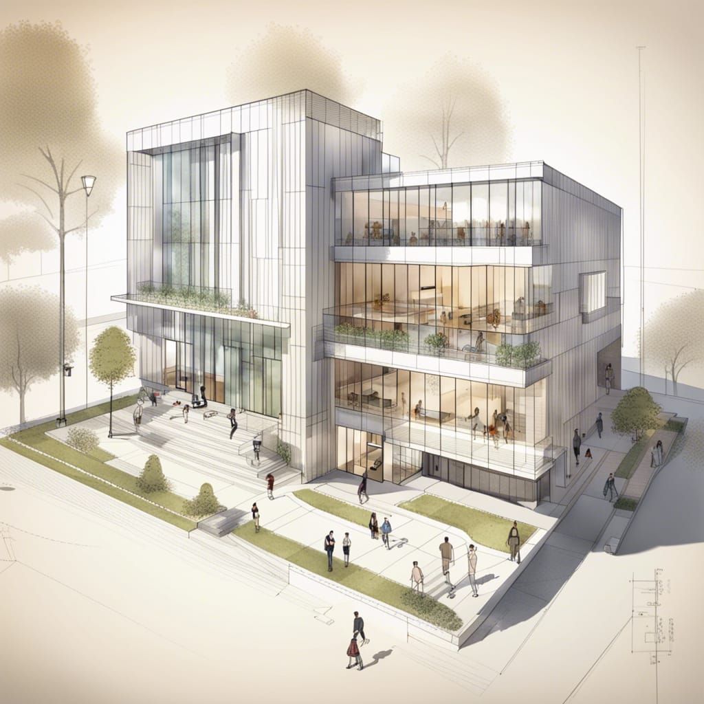 an architectural drawing of a two-story modern student center in a city ...