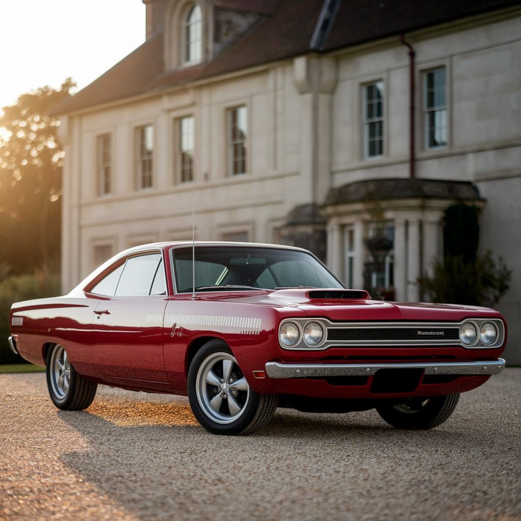 Vintage Red Roadrunner Muscle Car outside a Grand ... - AI Art