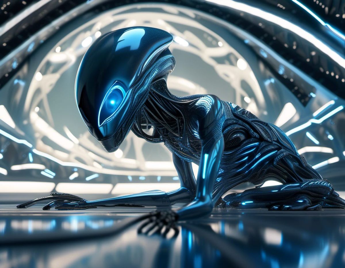 The photo depicts a dramatic and captivating scene of an alien emerging ...