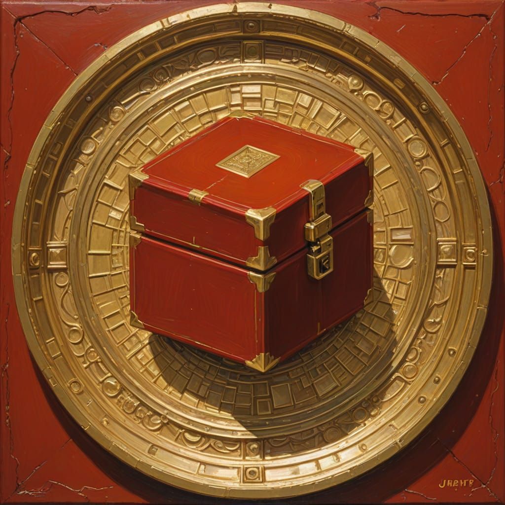 Vibrant Red Box in Golden Opulence - AI Art