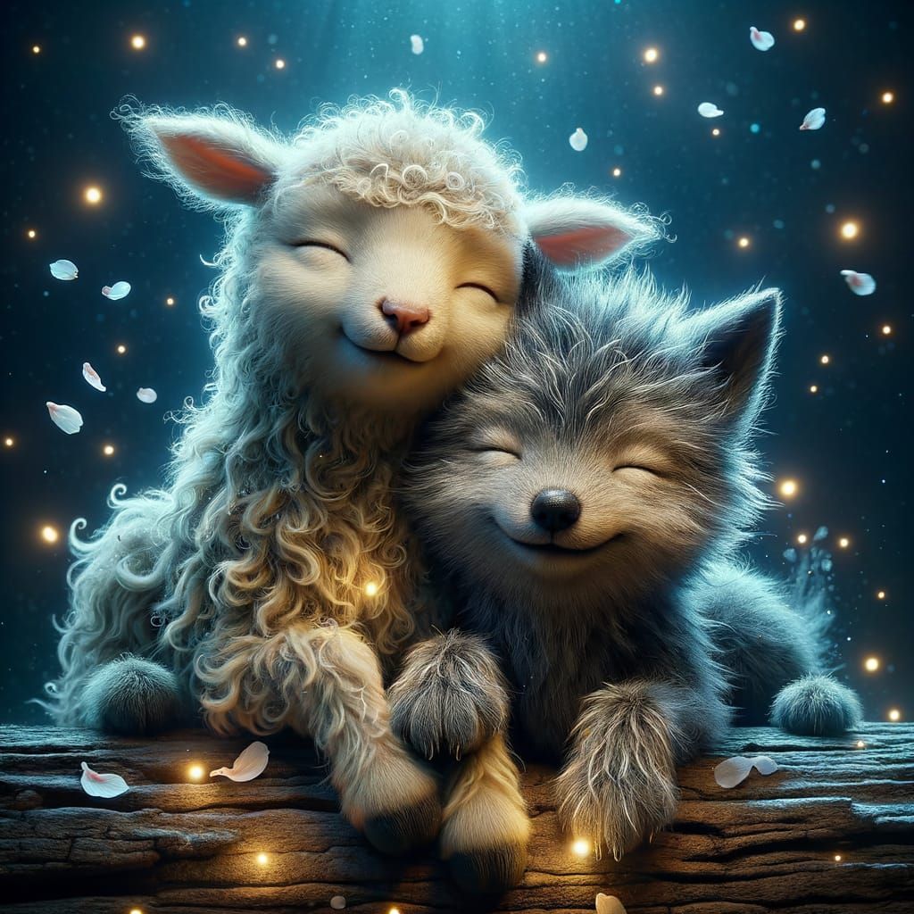 A hyper-realistic digital artwork of an adorable cute baby sheep and a ...