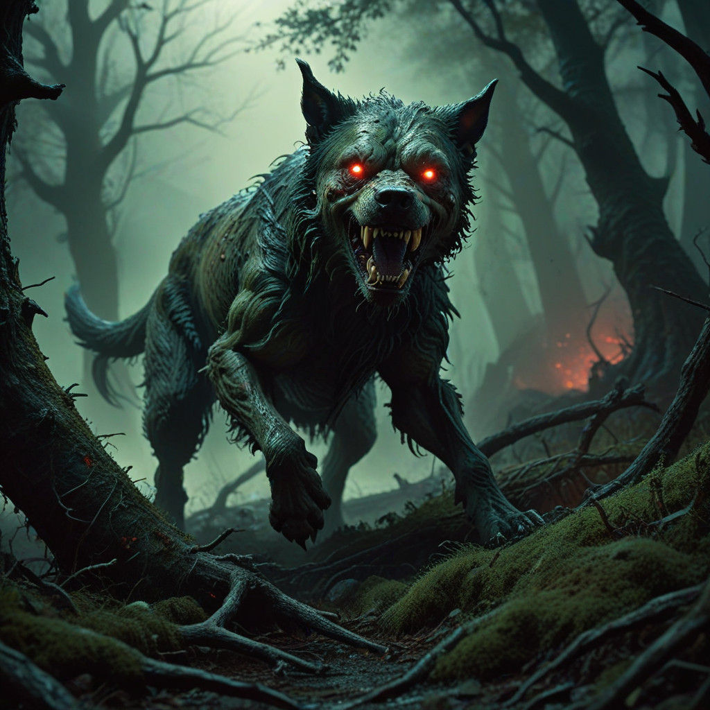 Grim zombie dog - Dark Fantasy Zombie Dog Chasing Monster in...