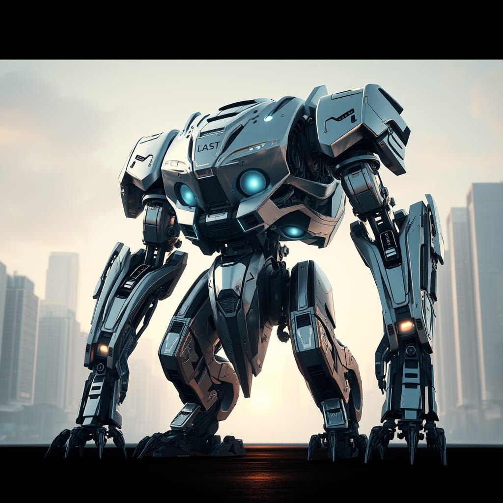 Futuristic Mech in Serene Cityscape with Polished ... - AI Art