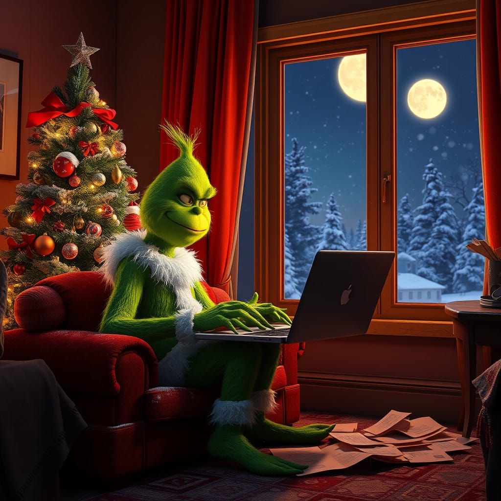 Santa-Grinch Working in Cozy Winter Wonderland Stu... - AI Art