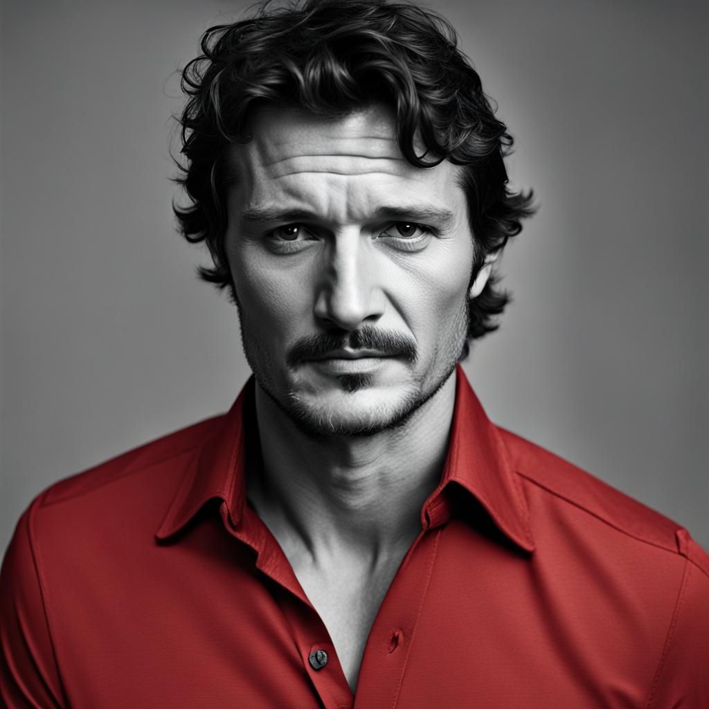 portrait Pedro Pascal with red shirt photo style selective color 5 - AI ...