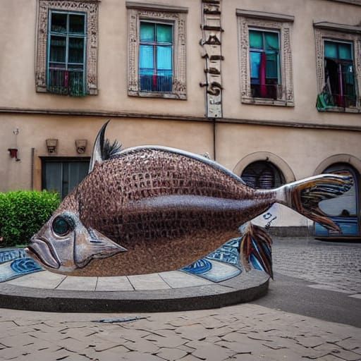 A fish made entirely of cat noses swimming down the street, feline ...