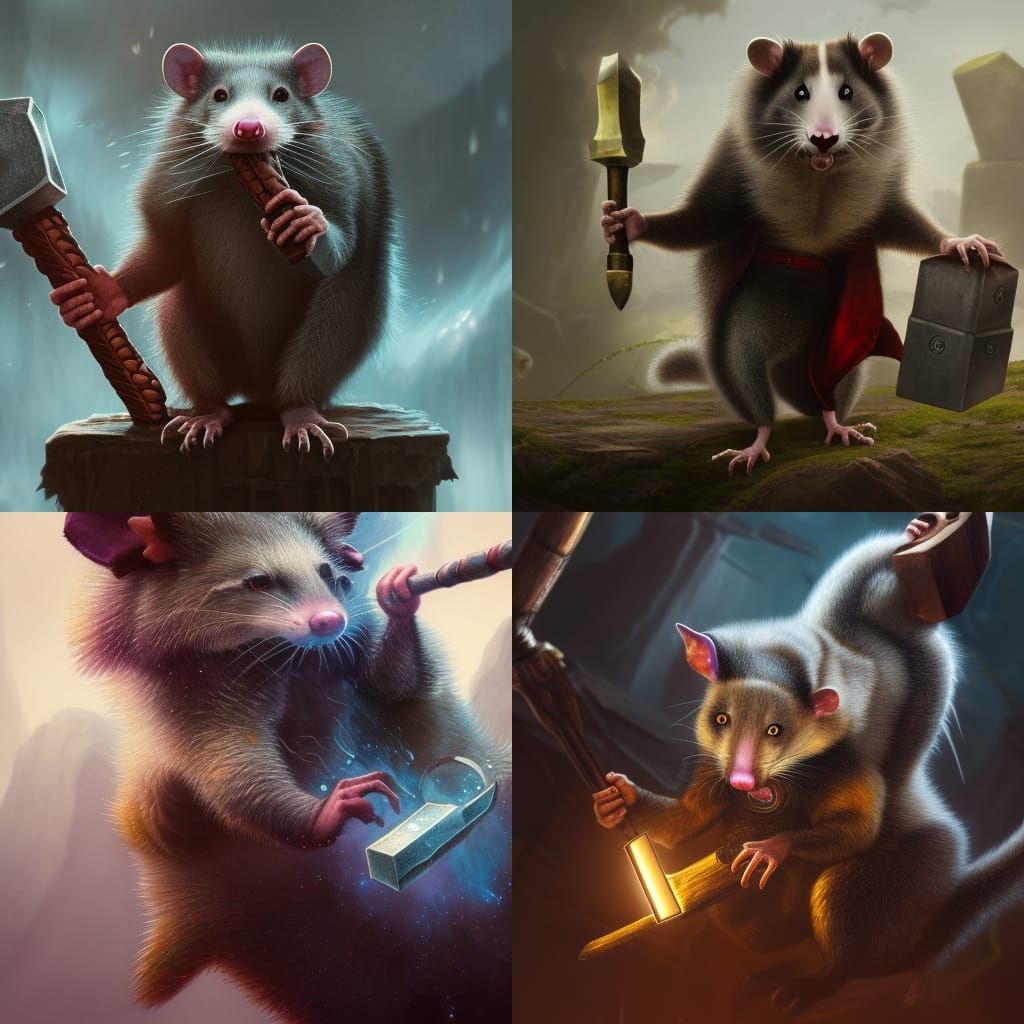 an angry opossum holding thor's hammer detailed matte painting, deep ...