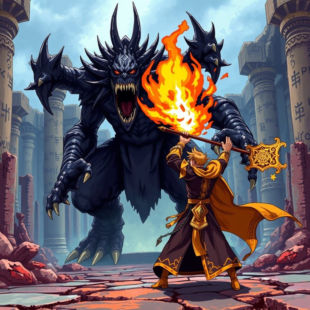 Heroic Fire Magic Unleashed in Epic JRPG Battle - AI Art