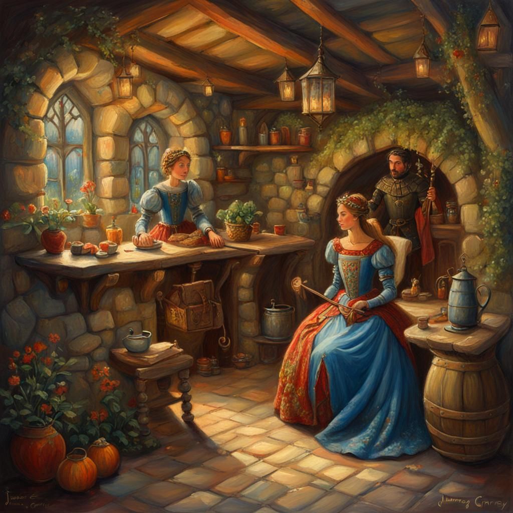 Medieval princess and knight in a enchanted cottage. Whimsical style ...