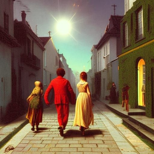 Friends walking and laughing at night through a street with humble houses complementary colors ...