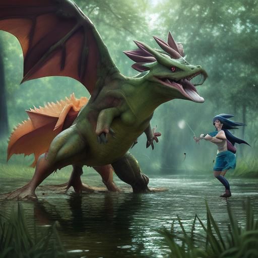 Pokemon battle in the swamp Hyperrealistic, splash art, concept art ...