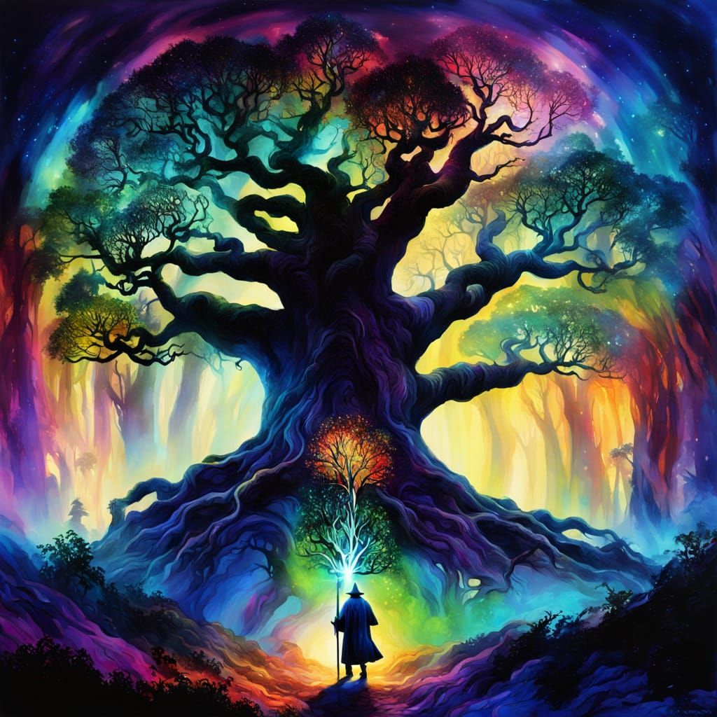 Mystical magical gigantic enchanted trees. Double-exposure: image of a ...