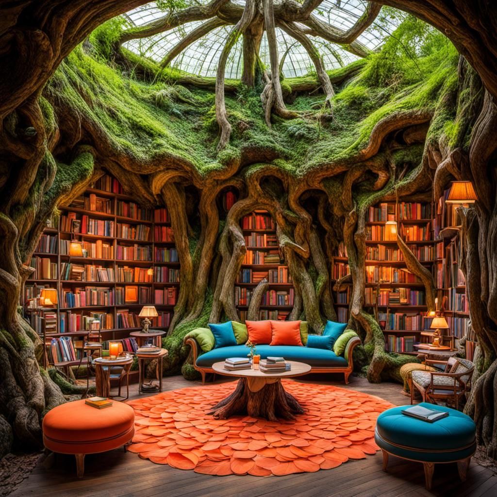 Books, a magical bookstore hidden in a forest, whimsical decor ...