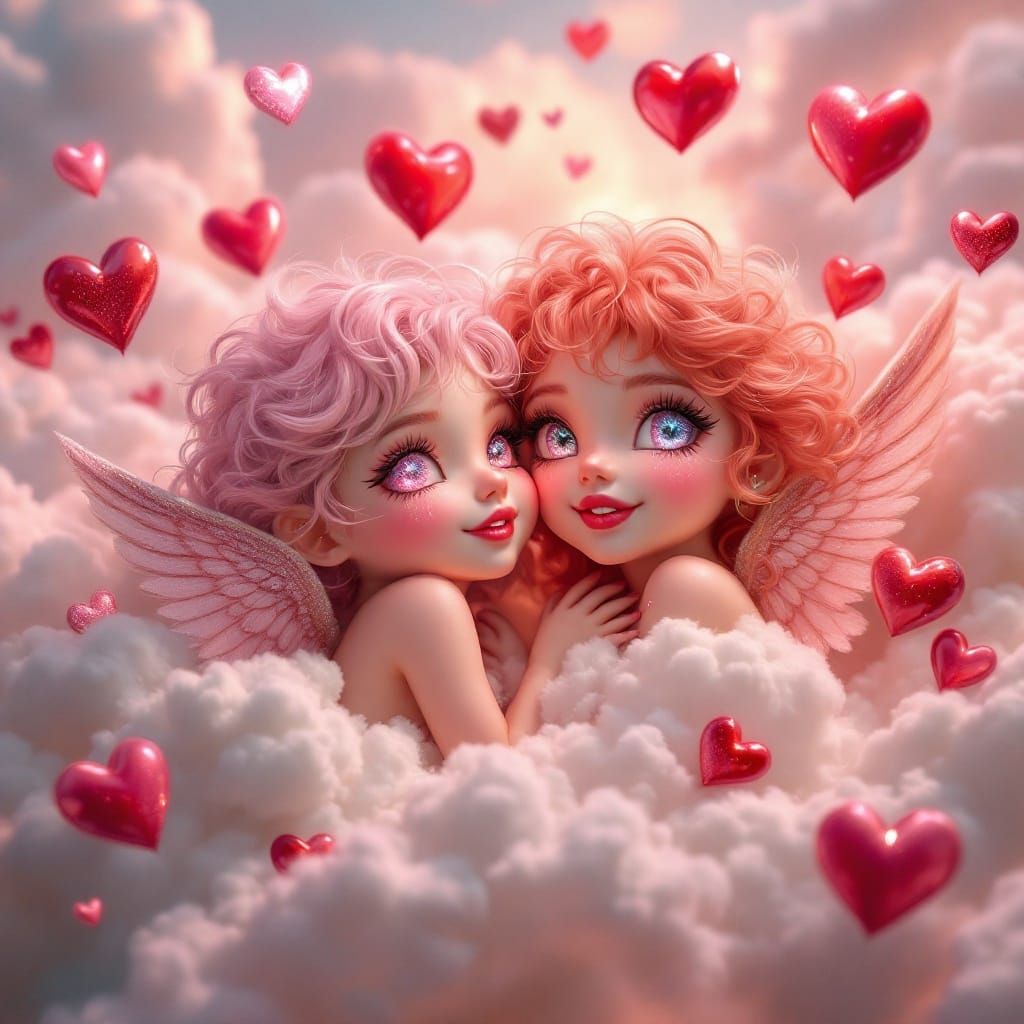 Whimsical Chibified Cupids in a Fluffy Cloud Sky - AI Art