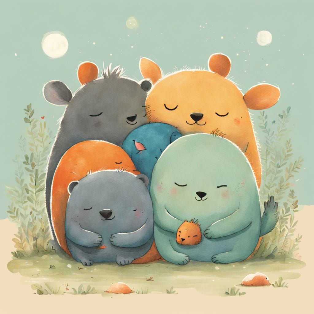 A cartoon happy animal friends cuddling, cute critters, by oliver jeffers