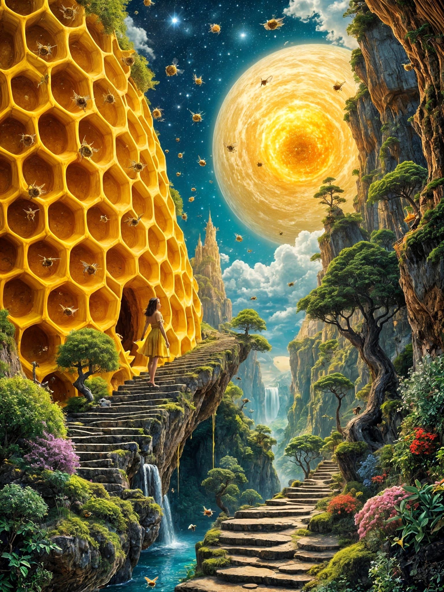 Surreal Dreamscape with Giant Bees and Celestial L... - AI Art