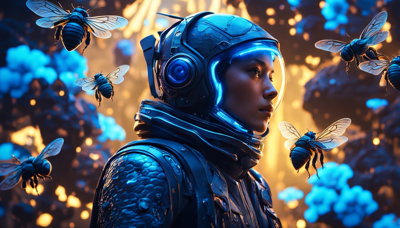 Vibrant Whimsical City of Bees with Glowing Trails... - AI Art