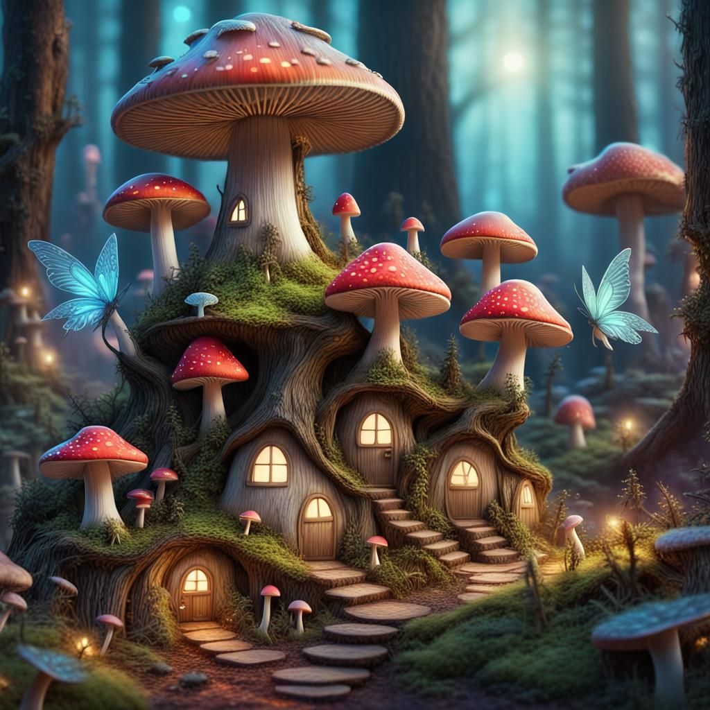 fairy village made of toadstools and tree stumps - AI Generated Artwork ...