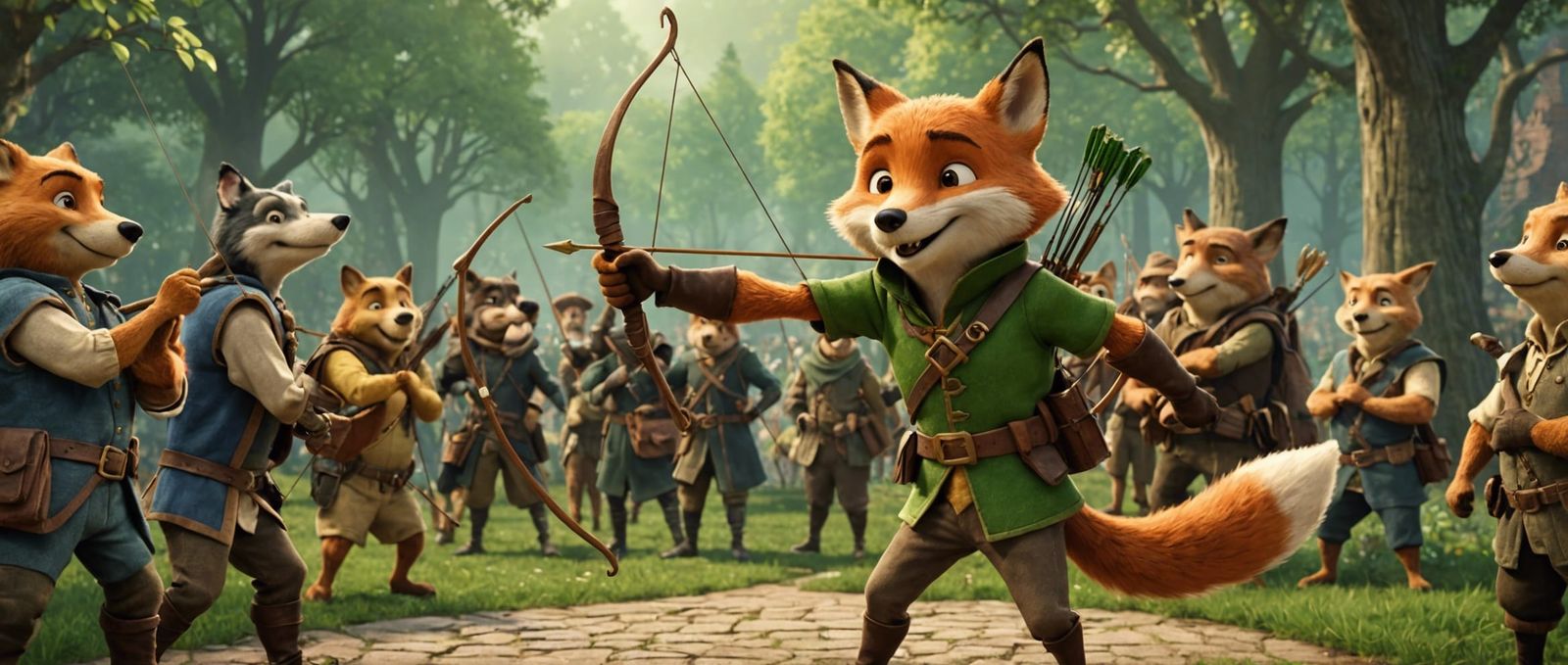 Robin Hood as an animated fox, drawing back his bow for an excited ...