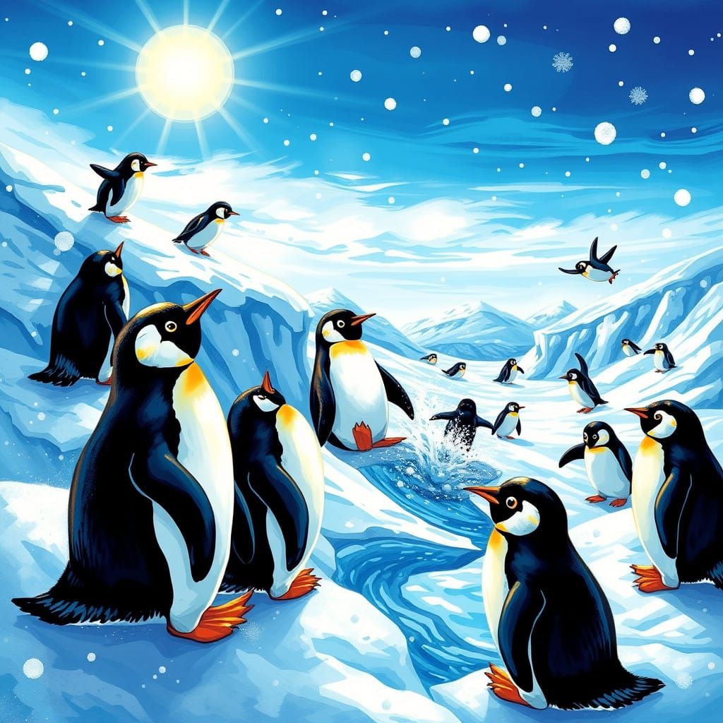 Ethereal Penguins in a Sparkling Winter Wonderland - AI Art