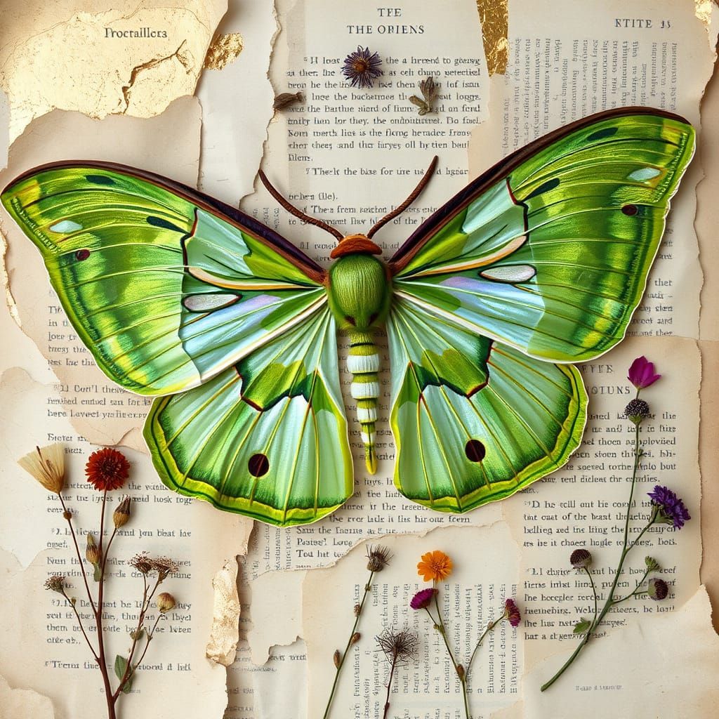 Iridescent luna moth collage - Dreamy Green Luna Moth Collag...