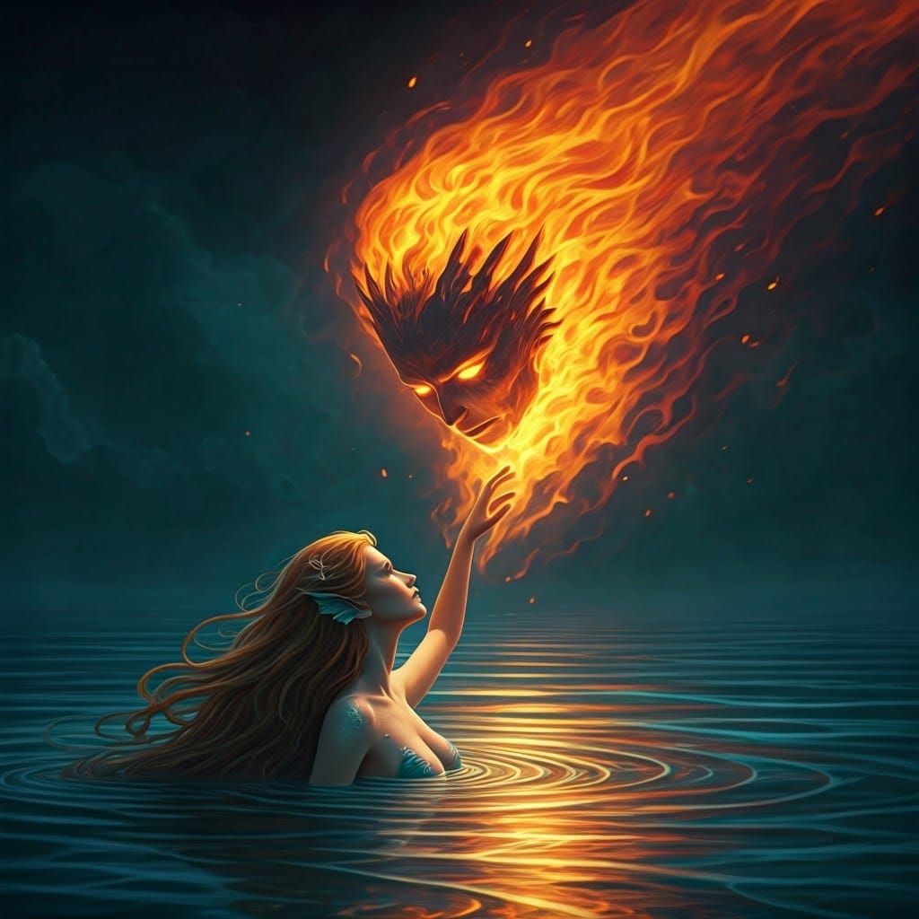 A fire elemental wrapped in realistic flames reaching down from the sky ...
