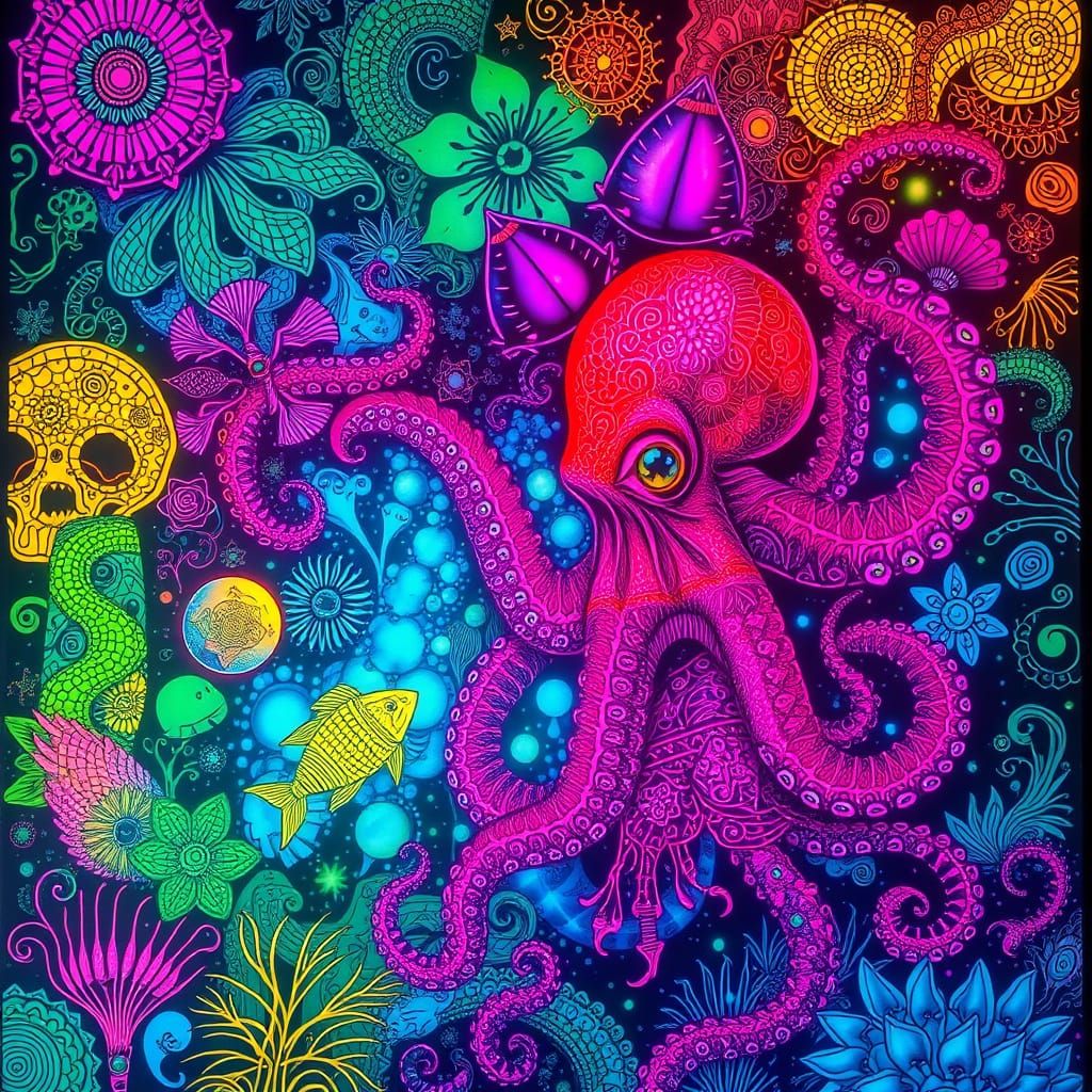 Glowing Neon Underwater Scene in Zentangle Style - AI Art