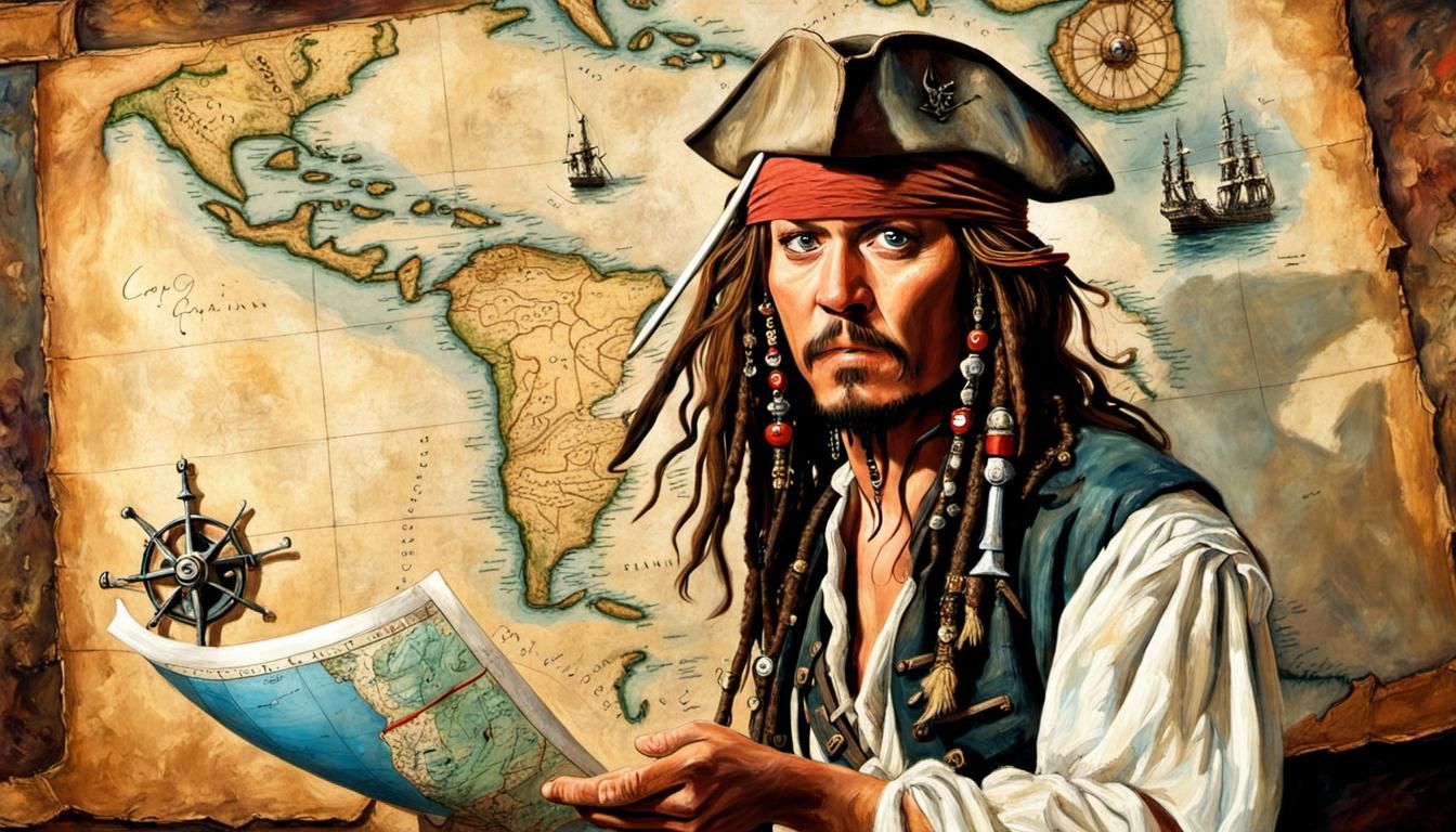 Captain Jack sparrow looking at map in amazement - AI Generated Artwork ...