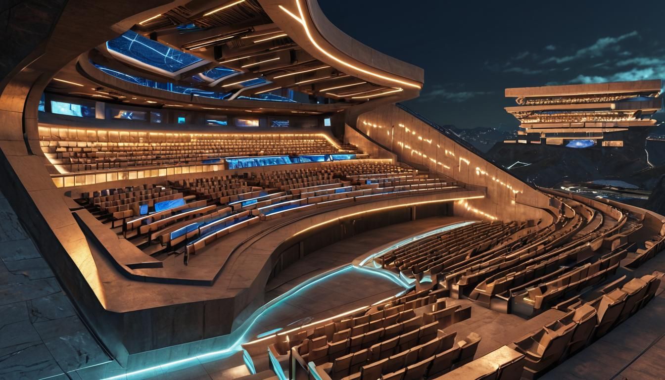 Outside opening to blue skies, blending library structures, The sci-fi ...