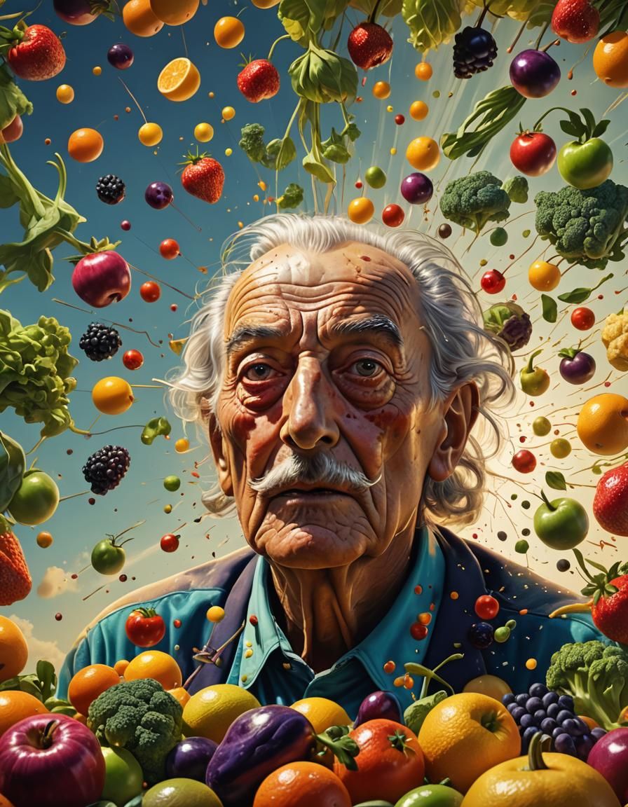 old man spilling with colorful fruits and vegetables, intricately ...