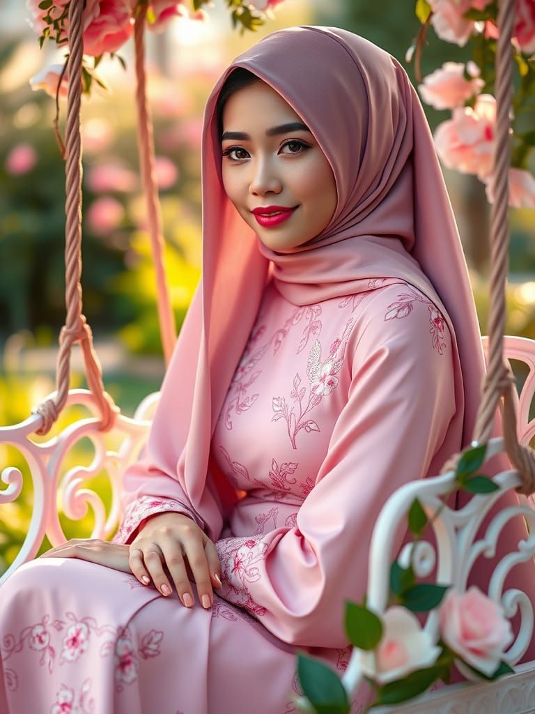 Serene Malay Woman in Elegant Jilbab and Pink Baju... - AI Art