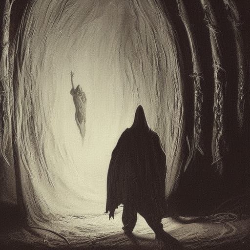 Eerie painting of a faceless demon wearing a hooded robe, in moonlight ...