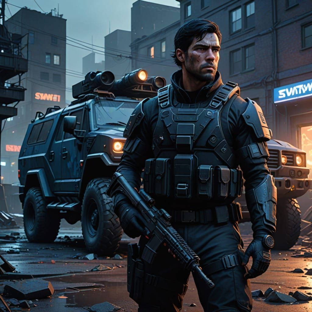 Futuristic SWAT Operative at Midnight - AI Art