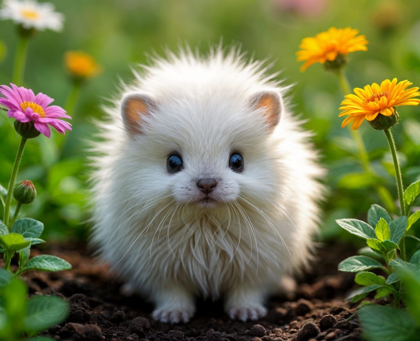 a strange but cute fuzzy creature in a small flower garden