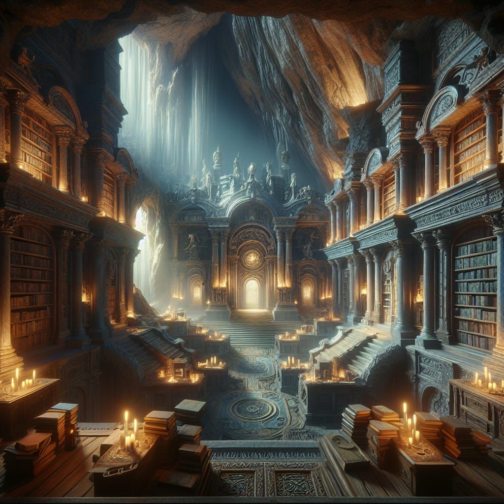 Ancient library in a cave - AI Generated Artwork - NightCafe Creator